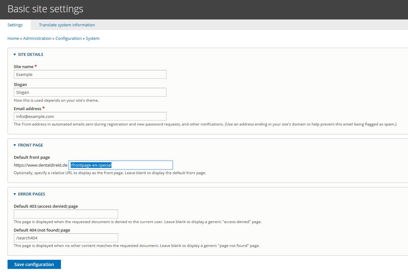 system.site.page.front not translatable in UI, but works directly in config [#3097497] | Drupal.org